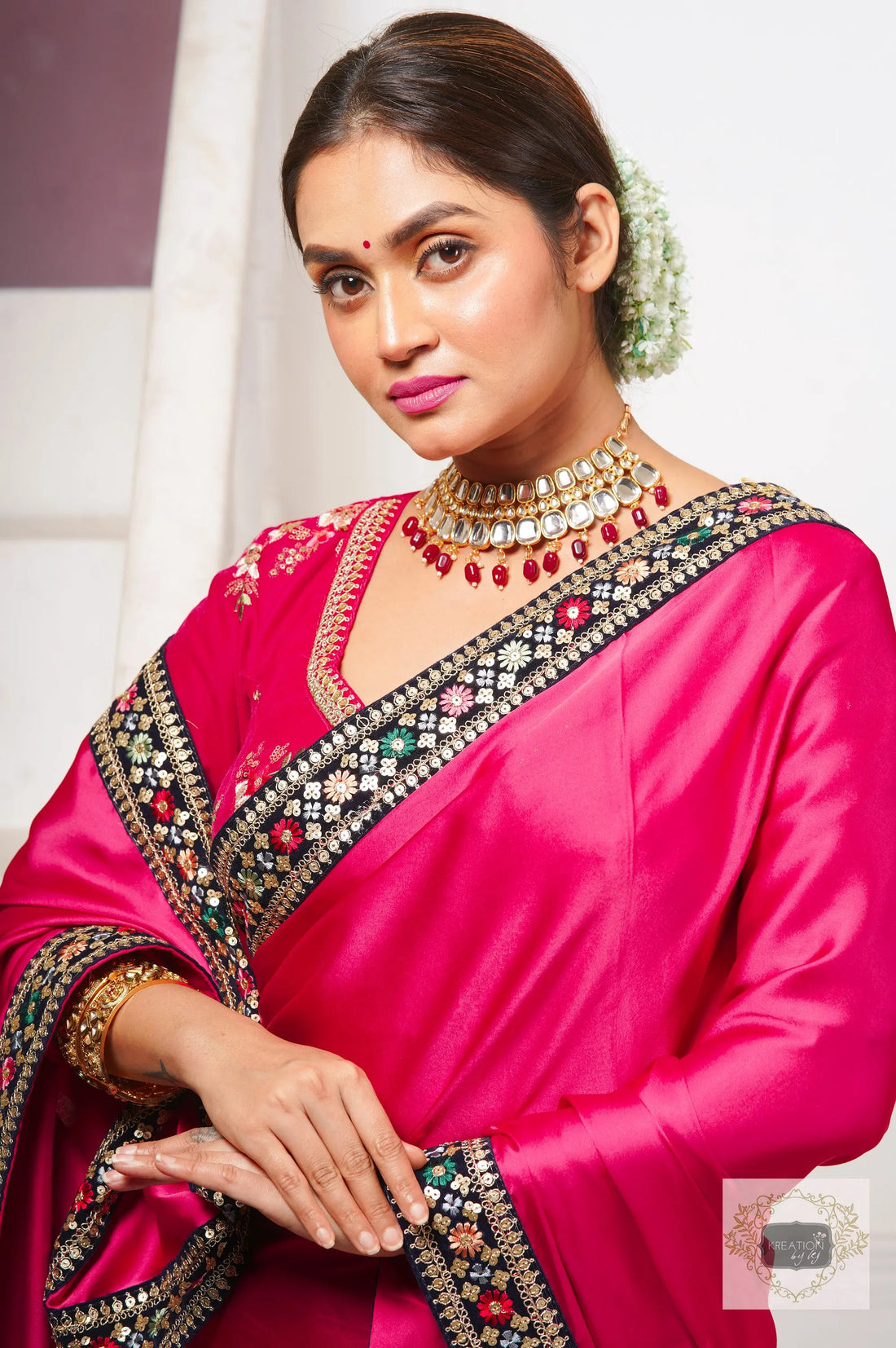 Rani Pink Satin Silk Saree with Border – kreationbykj