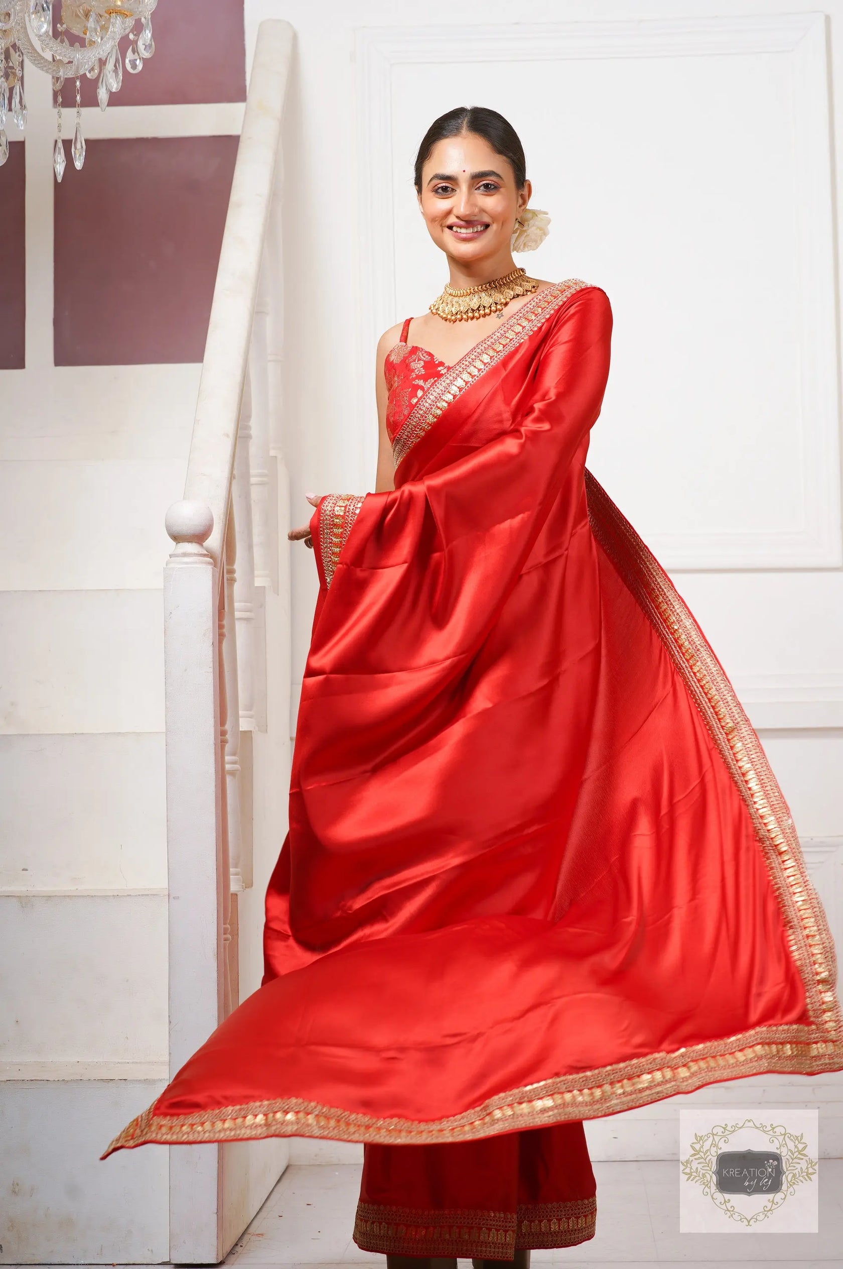 Surkh Laal Satin Silk Saree with Border – kreationbykj