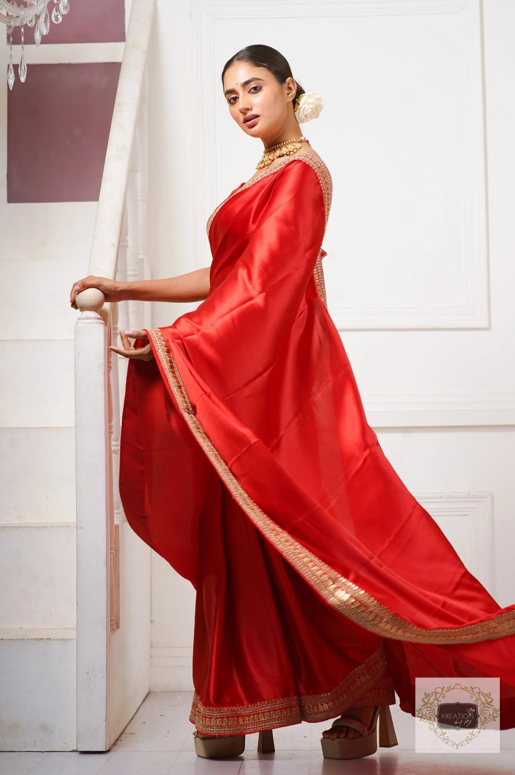Surkh Laal Satin Silk Saree with Border – kreationbykj