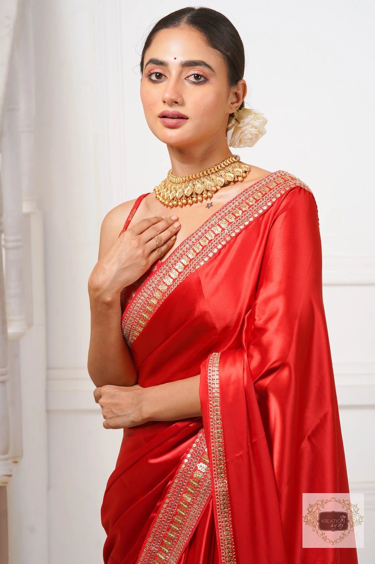 Surkh Laal Satin Silk Saree with Border – kreationbykj