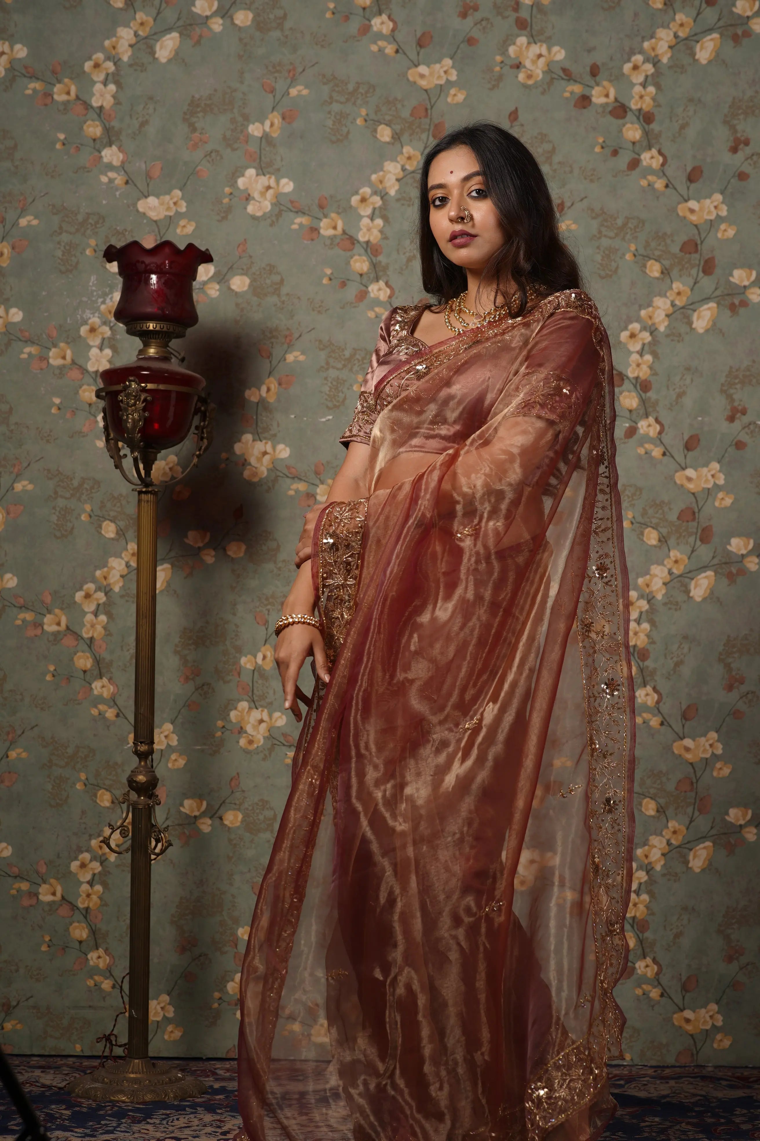 Golden Auburn Glass Tissue Anaya Saree – kreationbykj