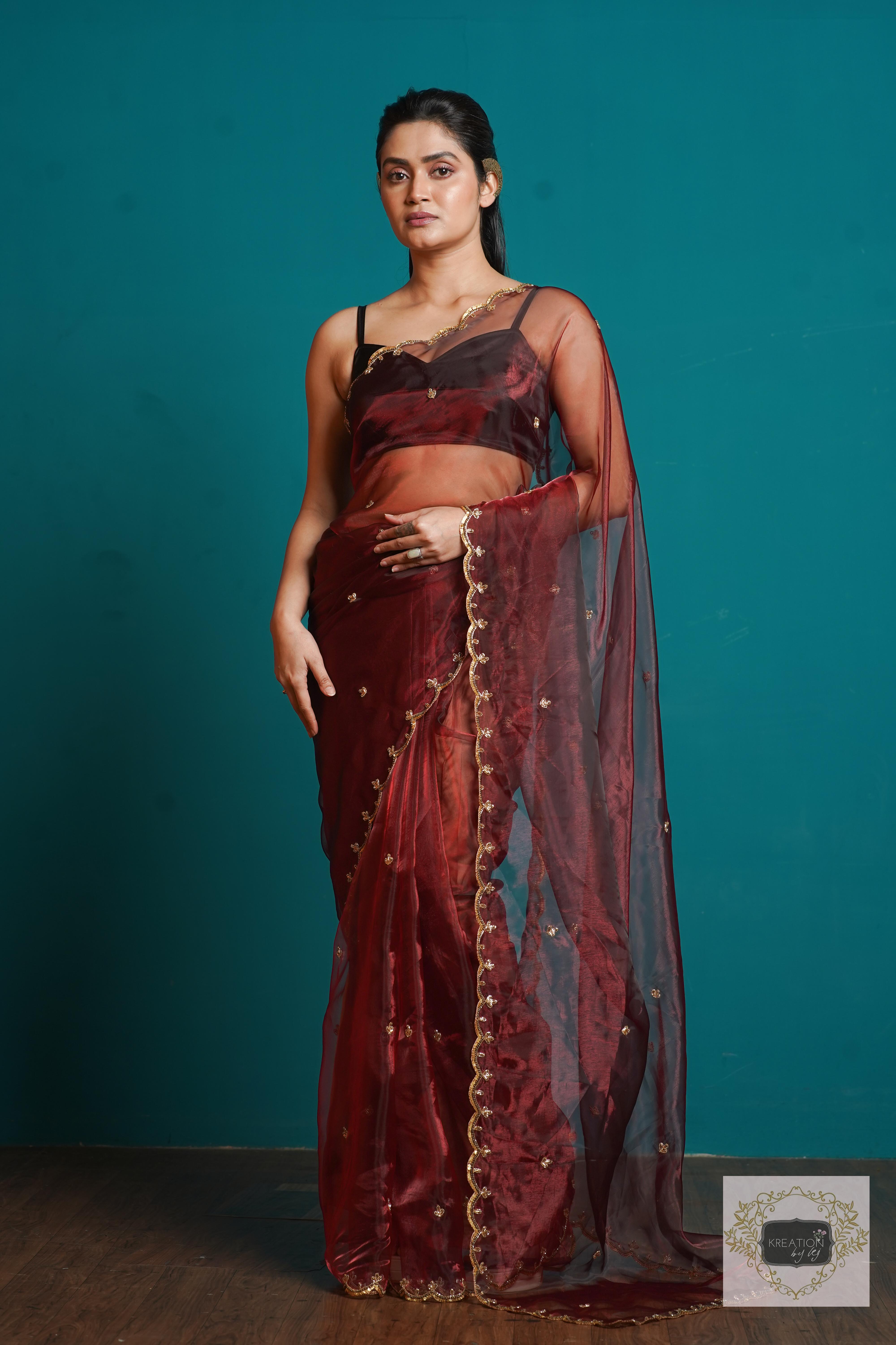 Maroon Glass Tissue Sequins Piyali Saree – kreationbykj