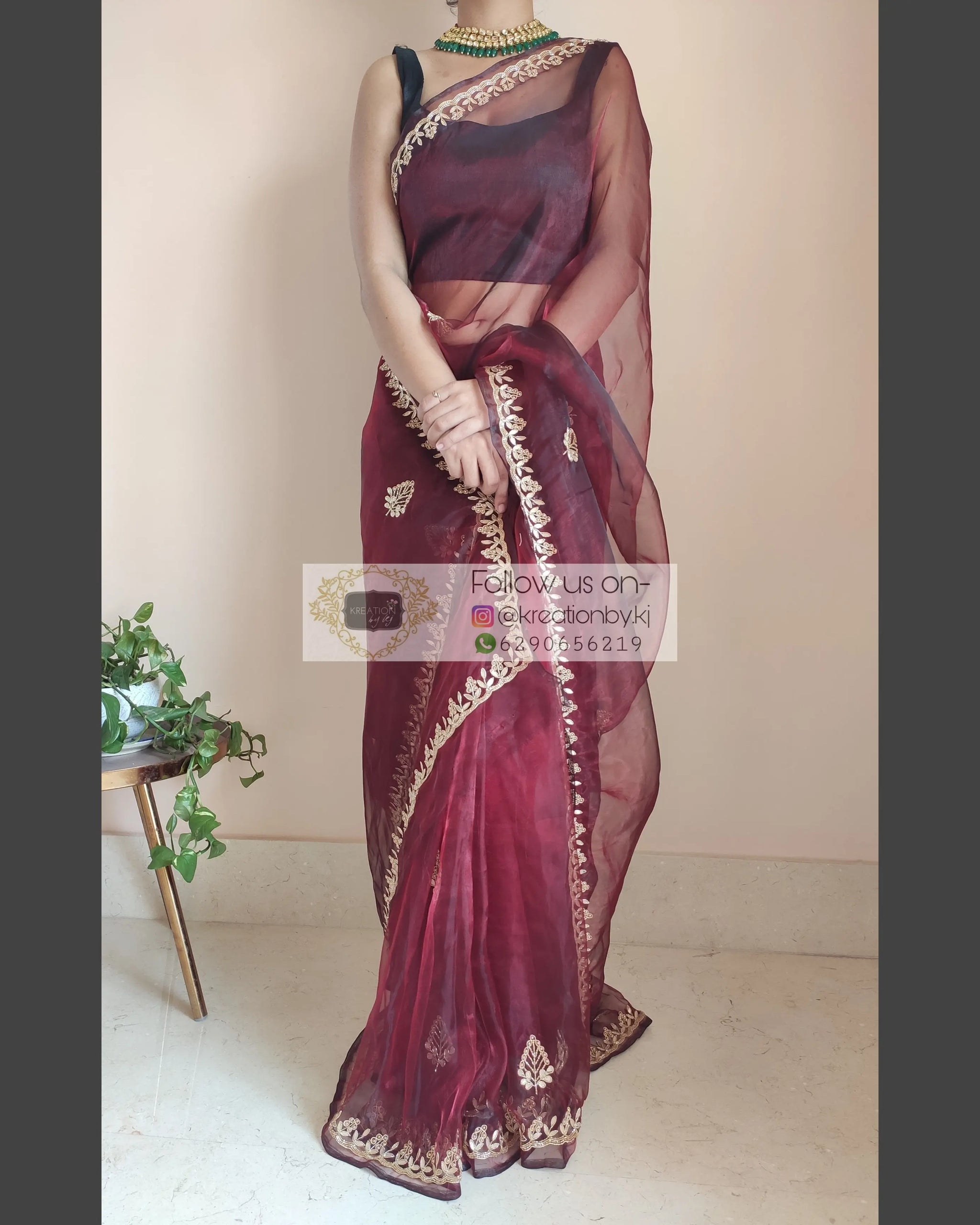 Maroon Glass Tissue Saree With Gota Patti Border – kreationbykj