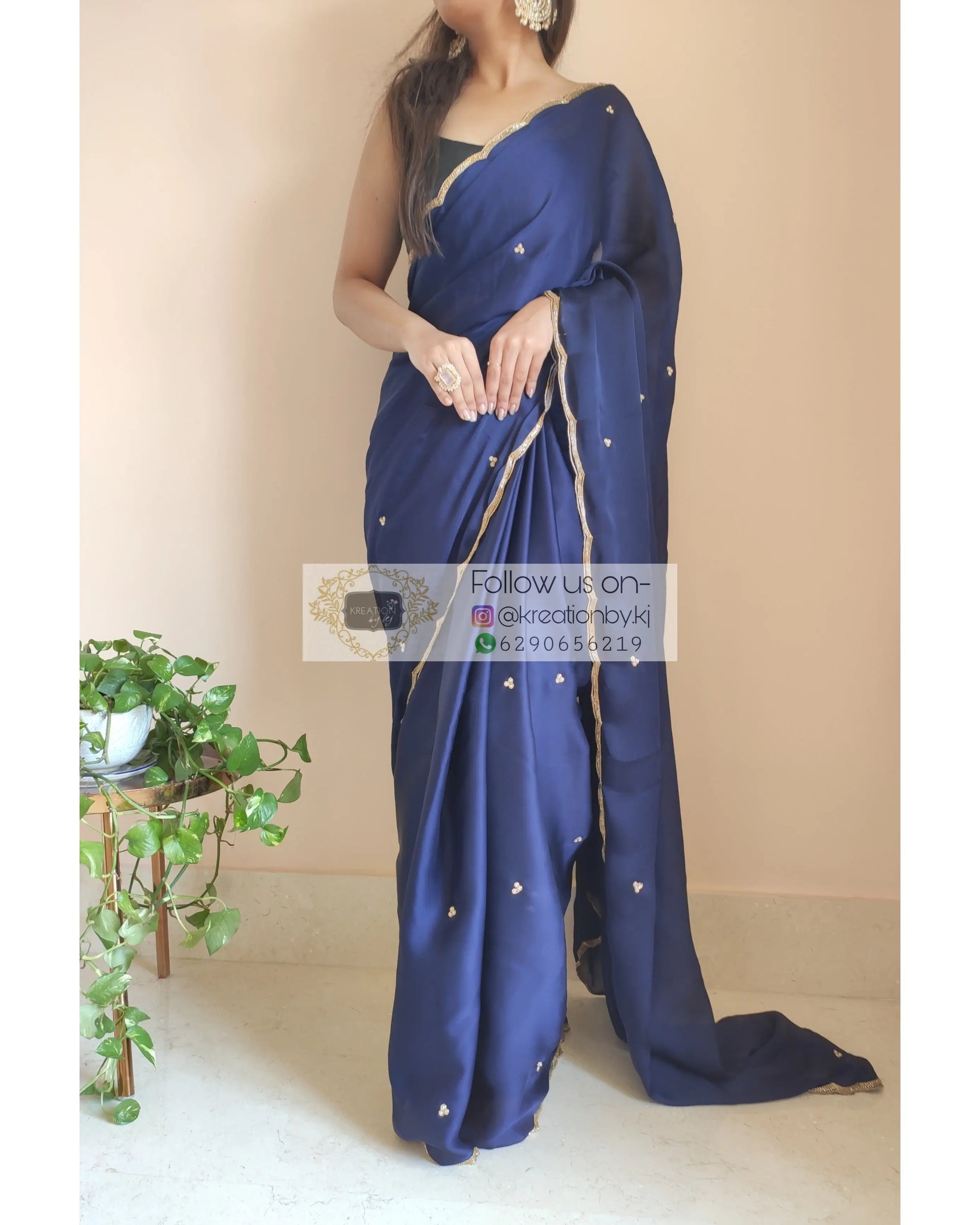 Navy Blue Crepe Silk Saree With Handembroidered Scalloping – kreationbykj