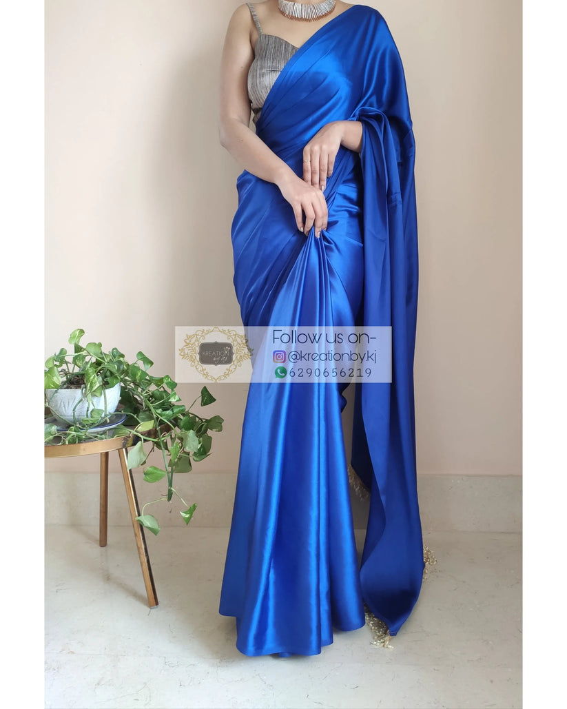 Royal Blue Satin Silk Saree With Handmade Tassels On Pallu – kreationbykj
