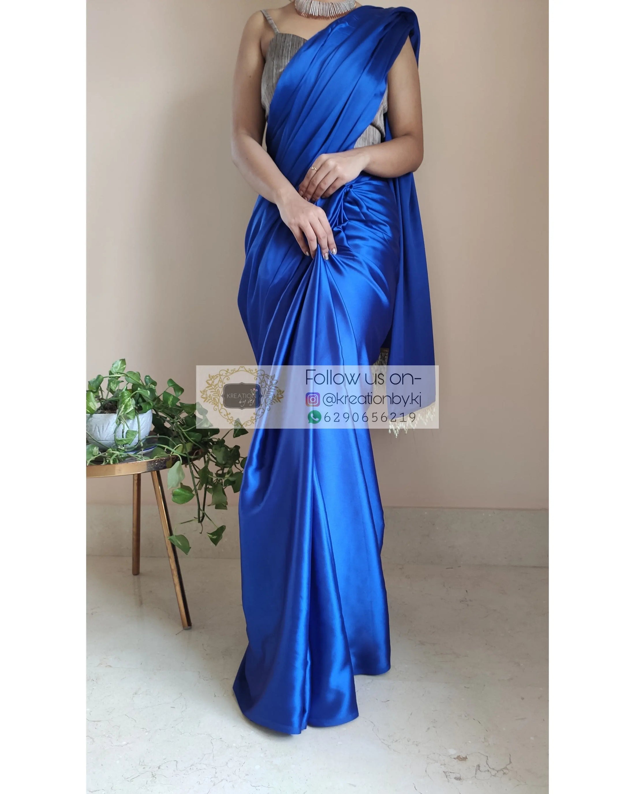 Royal Blue Satin Silk Saree With Handmade Tassels On Pallu – kreationbykj