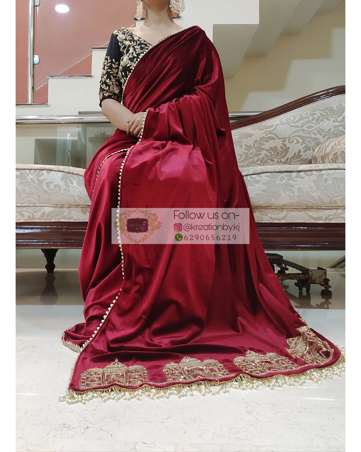 Maroon Velvet Taj Mahal Saree – kreationbykj