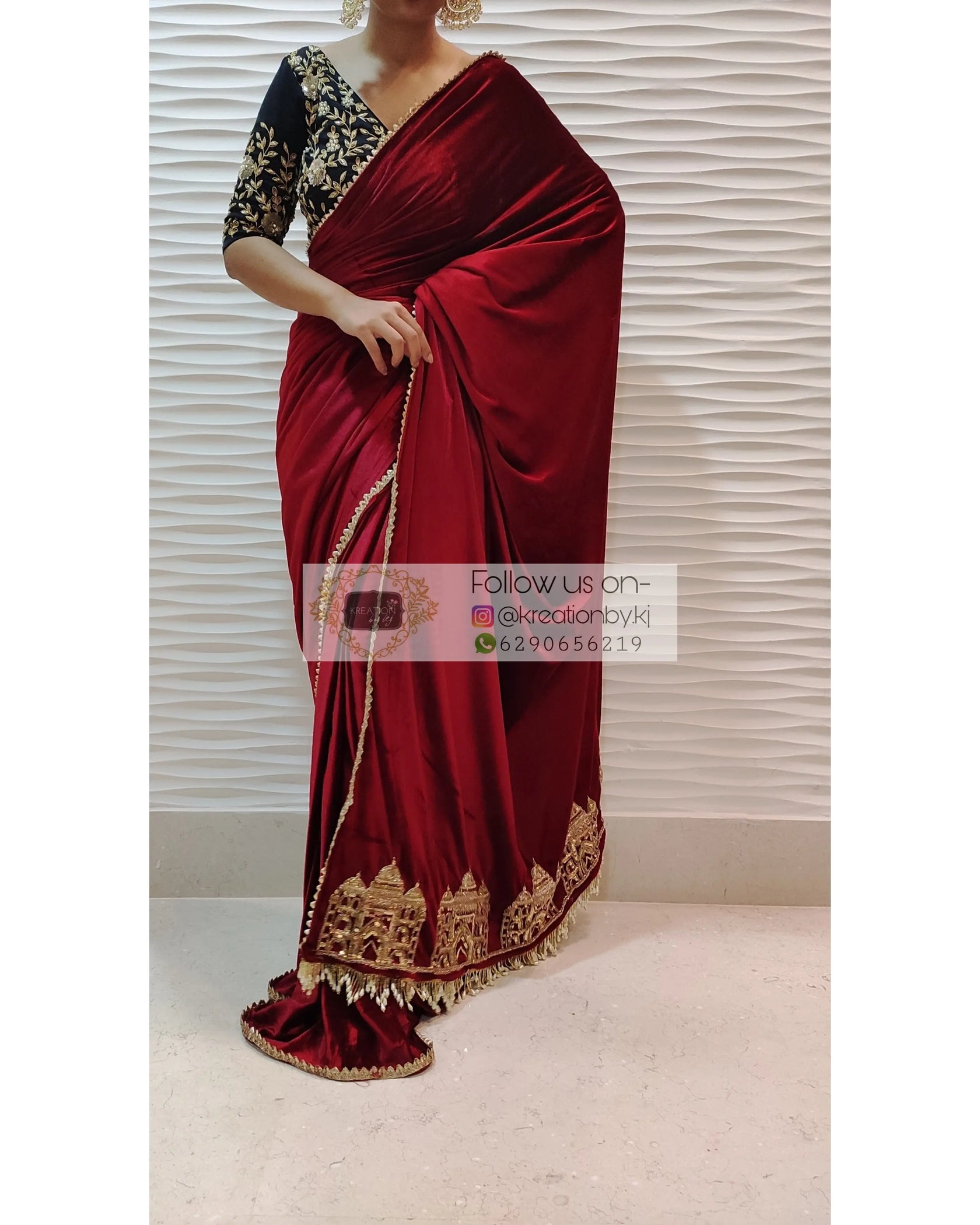 Maroon Velvet Taj Mahal Saree – kreationbykj