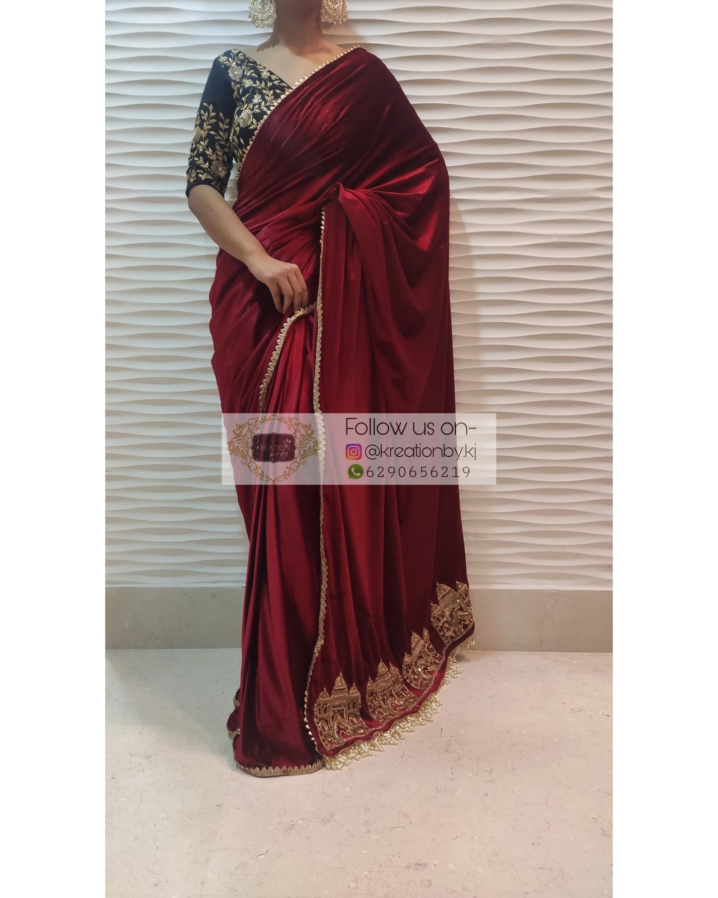 Maroon Velvet Taj Mahal Saree – kreationbykj