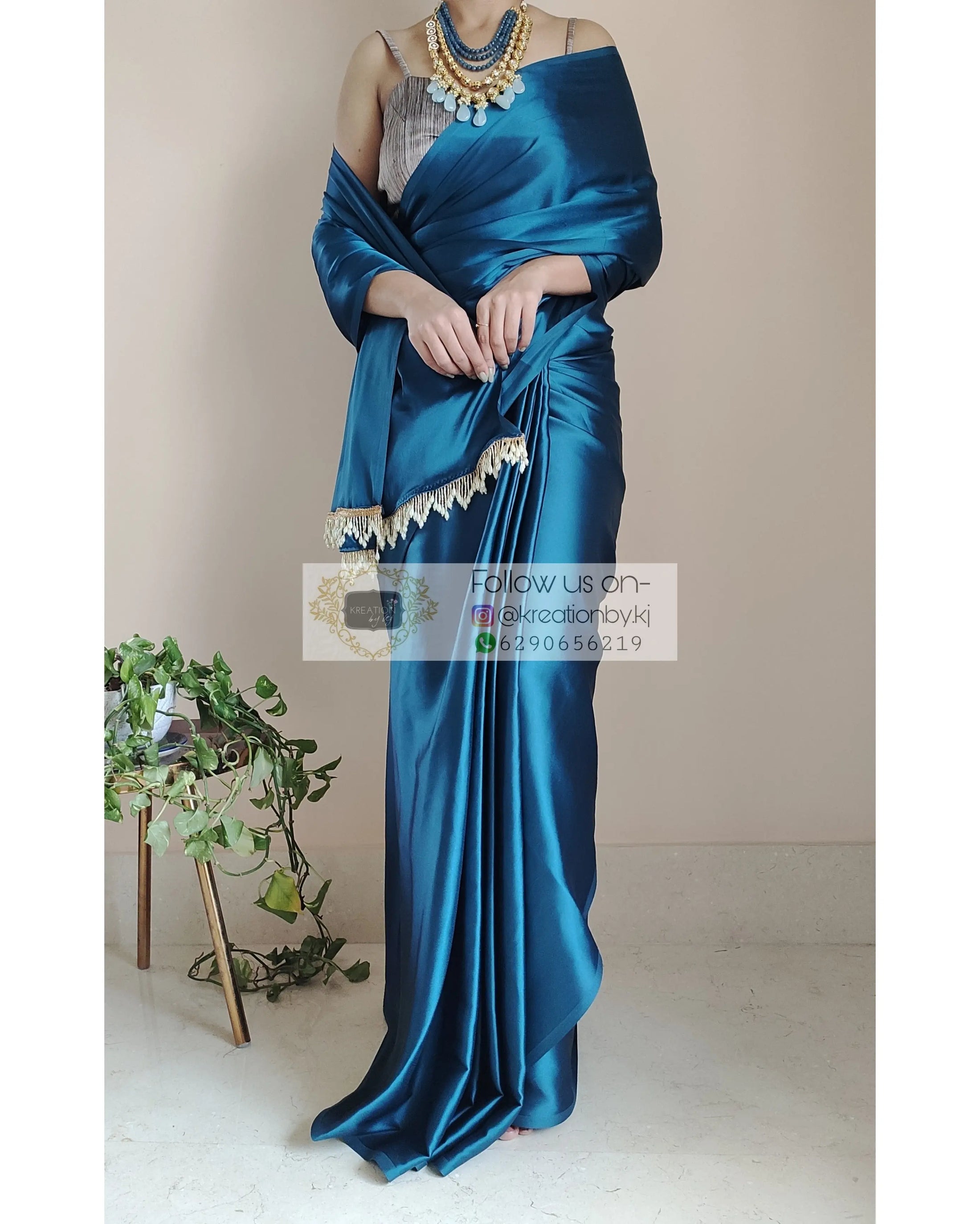 ROYAL BLUE SATIN SILK SAREE – kreationbykj