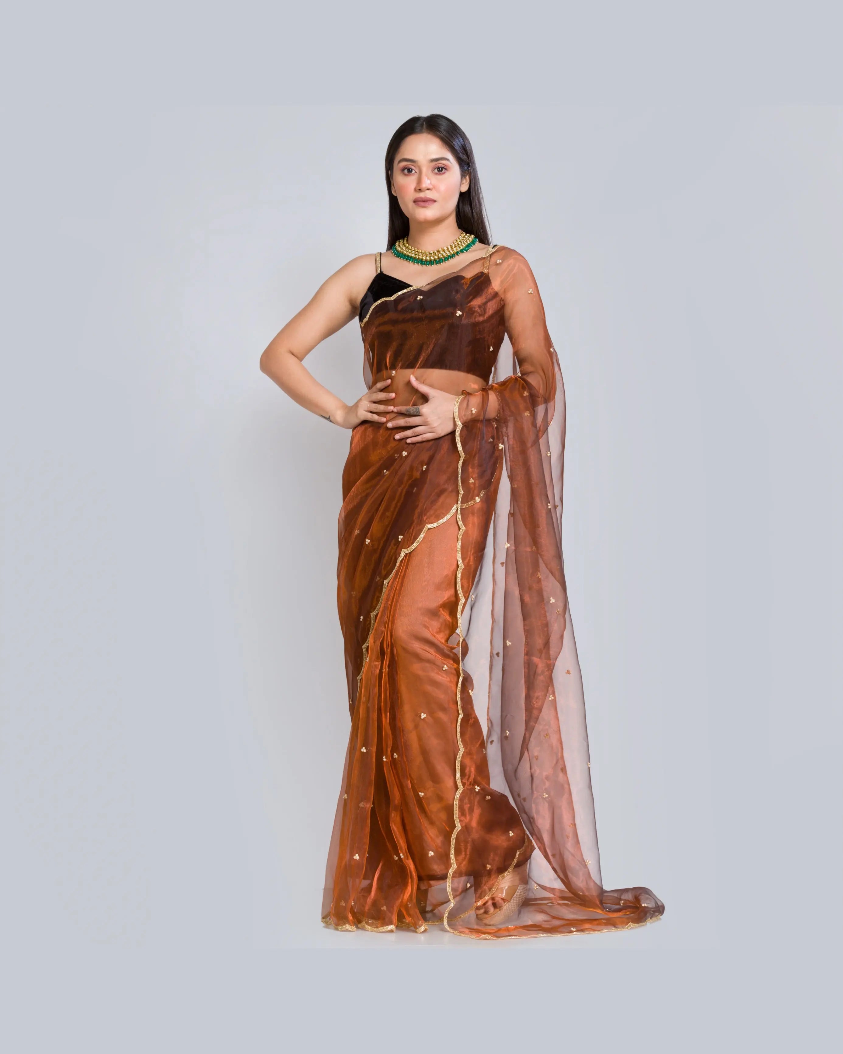 Copper Glass Tissue Saree With Handembroidered Scalloping – kreationbykj