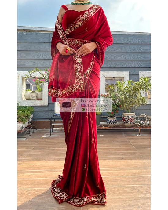 Anaya Maroon Velvet Saree with Belt – kreationbykj