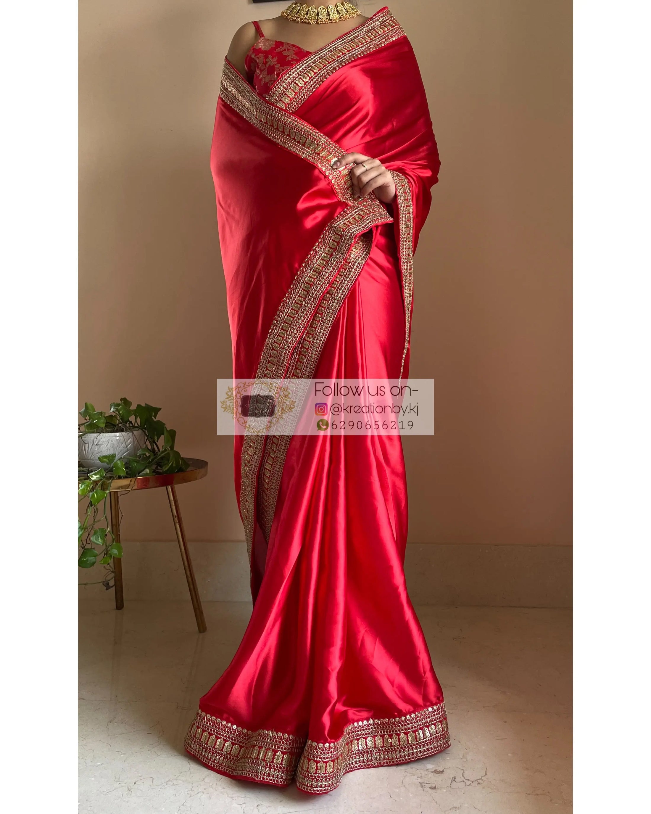 Surkh Laal Satin Silk Saree with Border – kreationbykj
