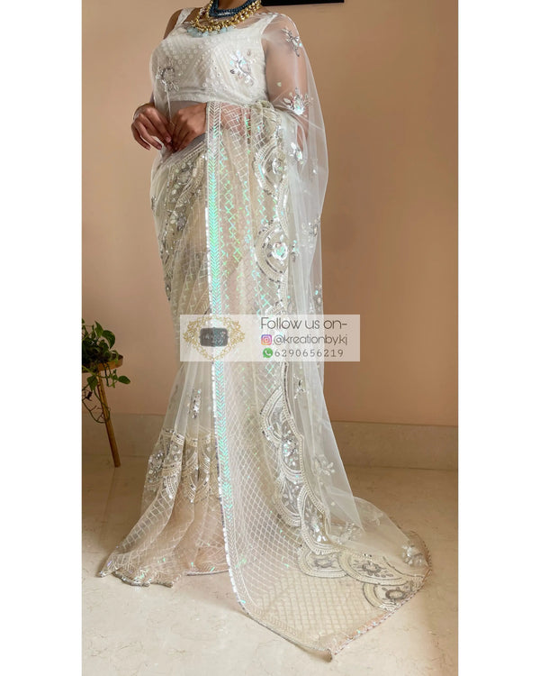White Noor Net Saree – kreationbykj