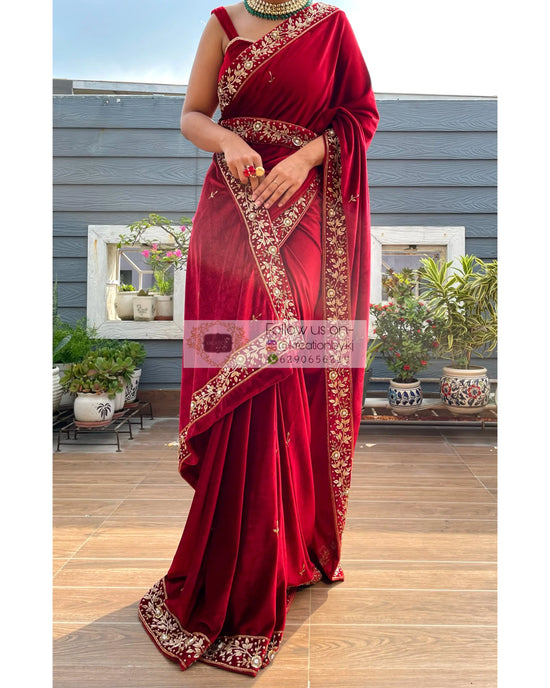 Anaya Maroon Velvet Saree with Belt – kreationbykj
