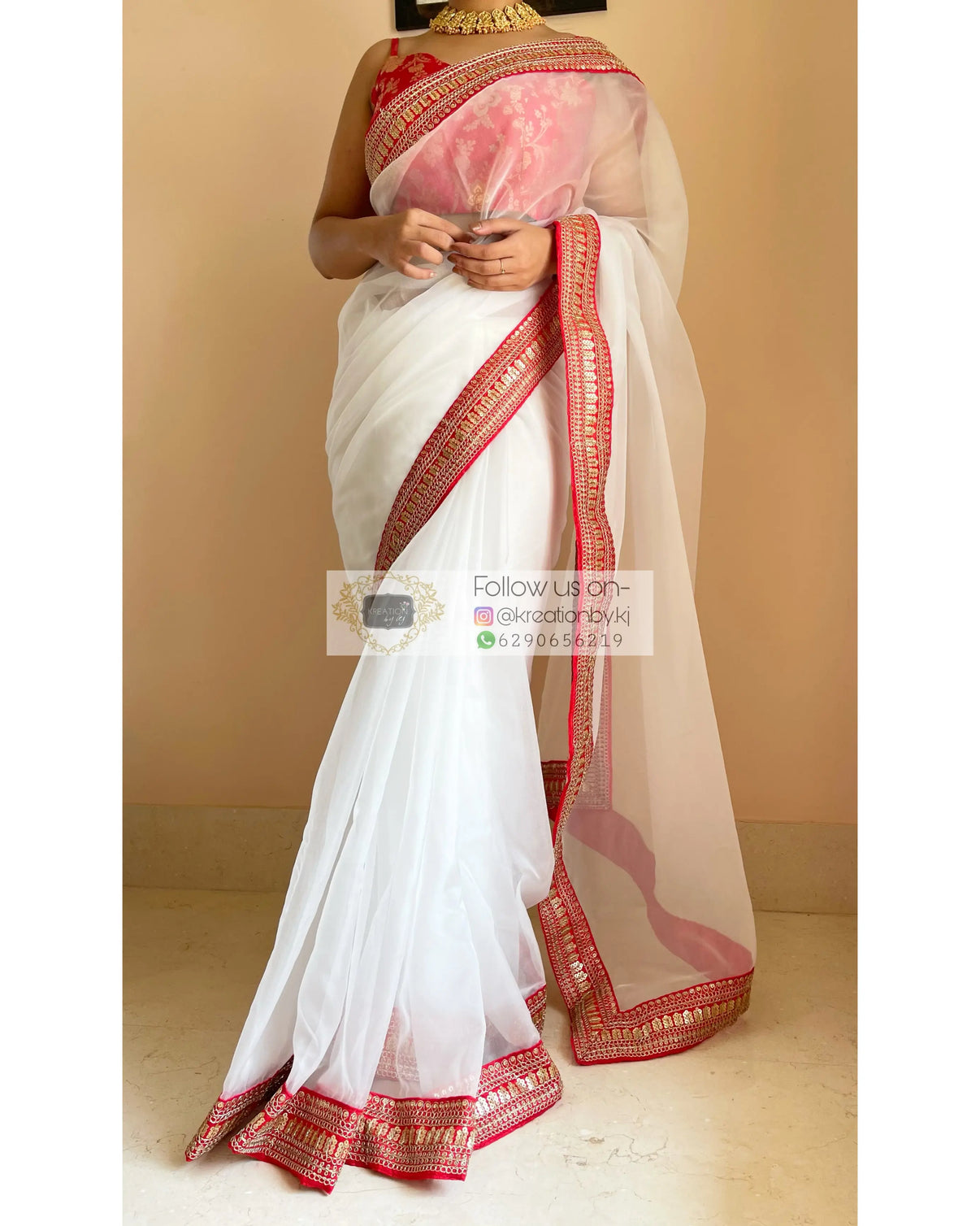 White Organza Saree with Red Border – kreationbykj