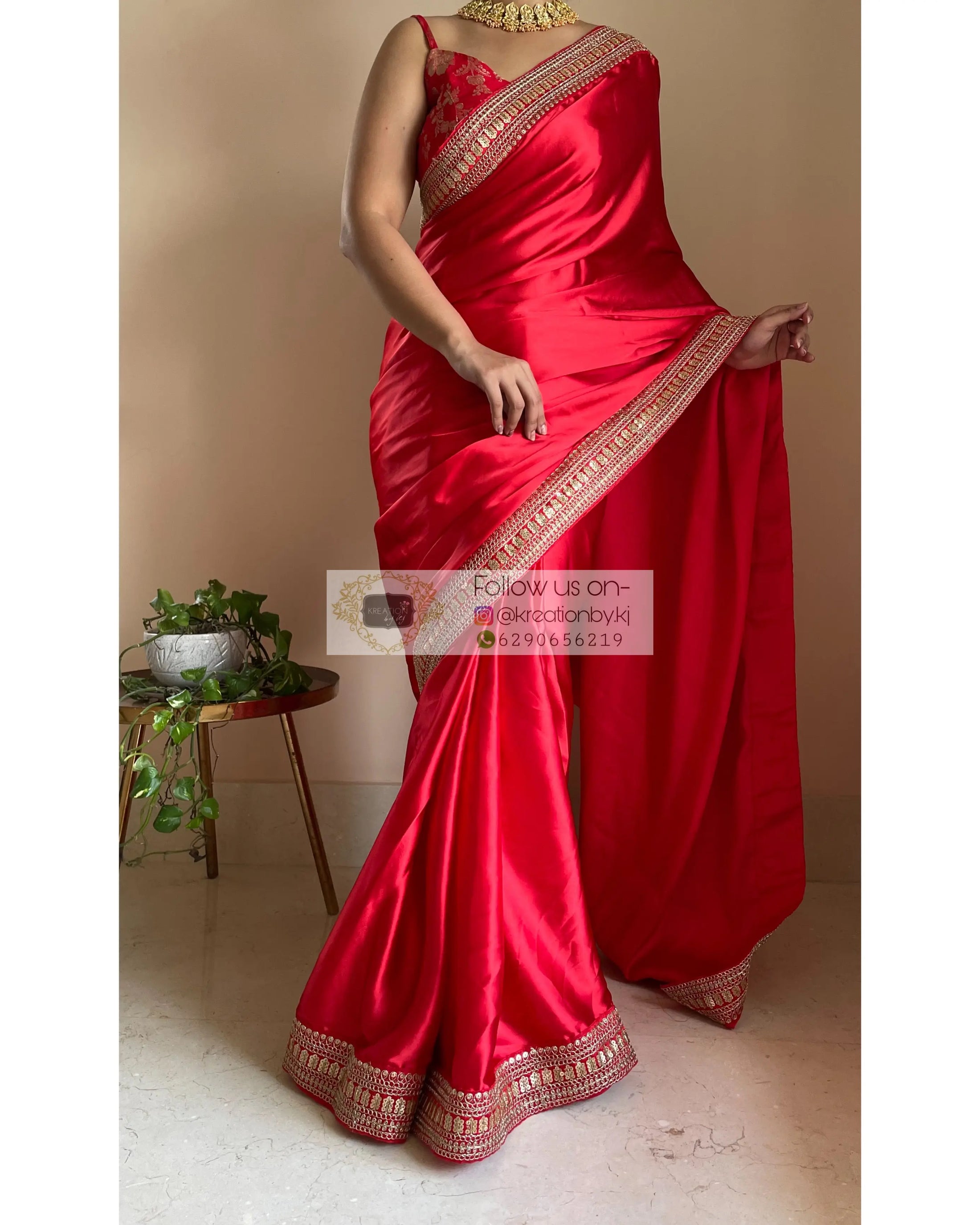 Surkh Laal Satin Silk Saree with Border – kreationbykj