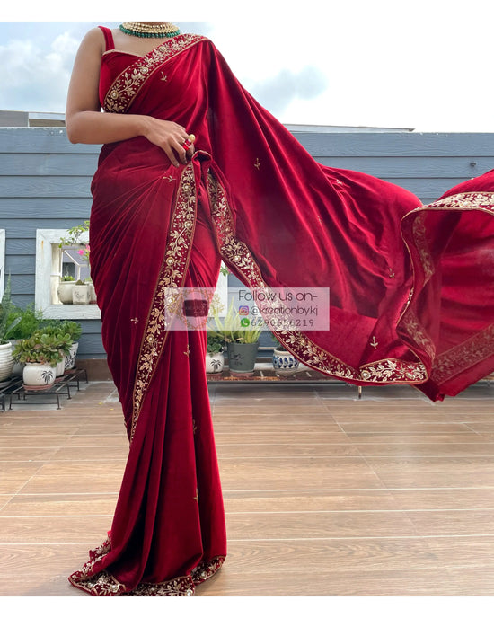 Anaya Maroon Velvet Saree with Belt – kreationbykj