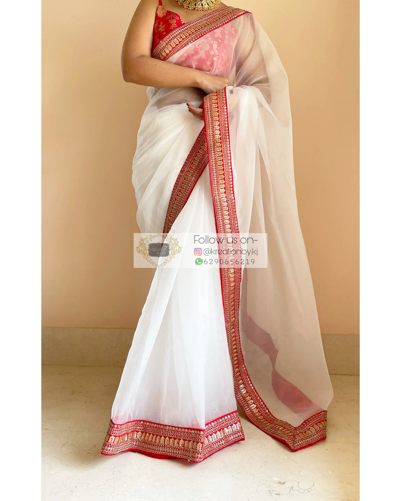White Organza Saree with Red Border – kreationbykj